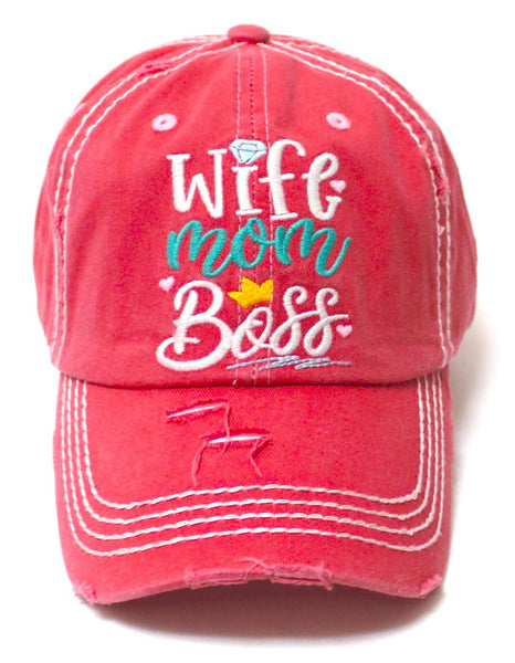 Women's Vintage Baseball Cap Wife, Mom, Boss Crown Diamond Hearts Mono ...