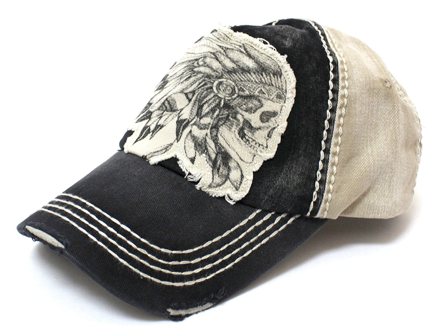 KHAKI/Black Vintage Washed CHIEF HEADDRESS Patch Embroidery Baseball C ...