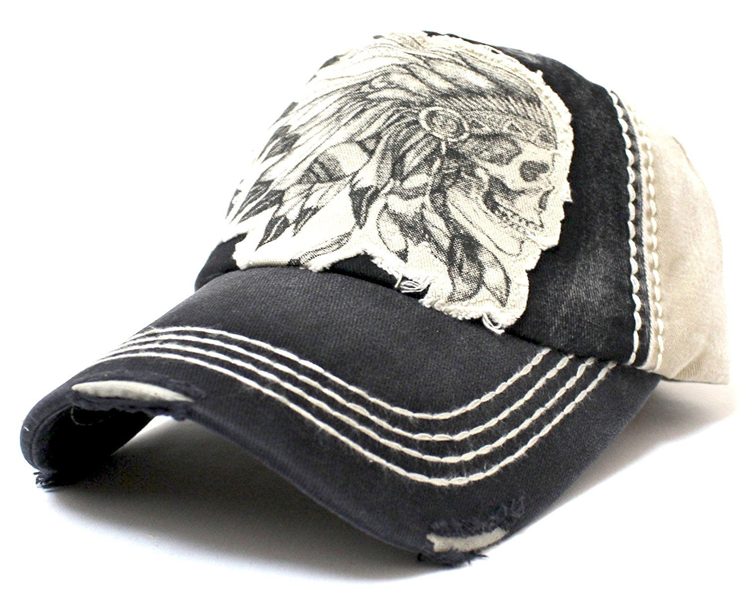 KHAKI/Black Vintage Washed CHIEF HEADDRESS Patch Embroidery Baseball C ...