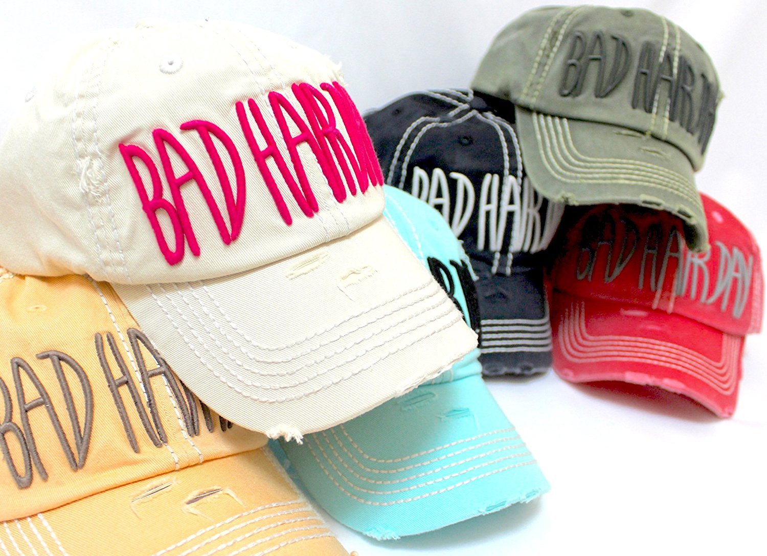 VINTAGE OLIVE Contrast-Stitch "BAD HAIR DAY" Embroidery Ballcap – Caps ...
